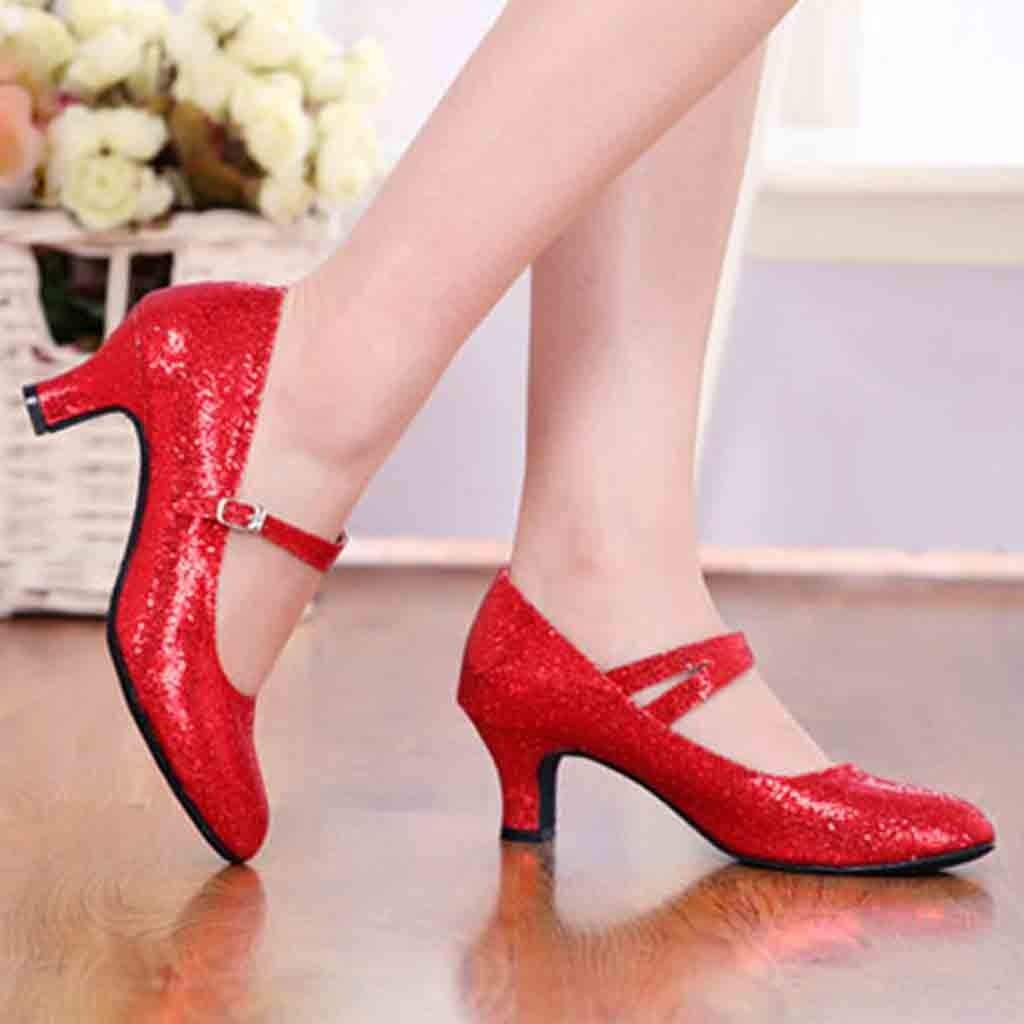 Mid-High Heels Glitter Dance Shoes Women Ballroom Latin Tango Dance Shoes Dance Heel (Red, 7)