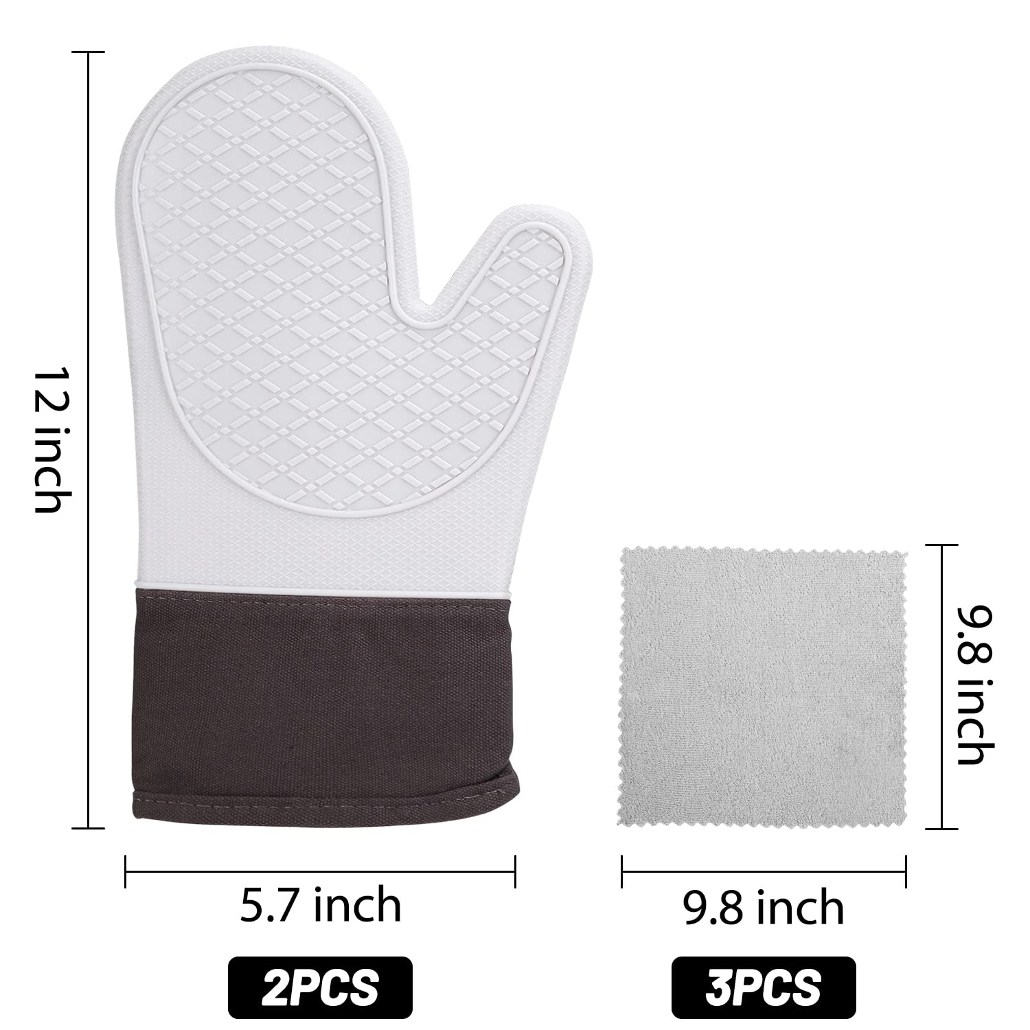 MKLINSIYU Silicone Kitchen Oven Mitts,Heat Resistant 500 Degrees,Oven Mitts Set,Waterproof Flexible Glove and Quilted Liner for Oven Cooking, Grill & BBQ (Light Grey), 12 x 5.7 x 0.75 inches