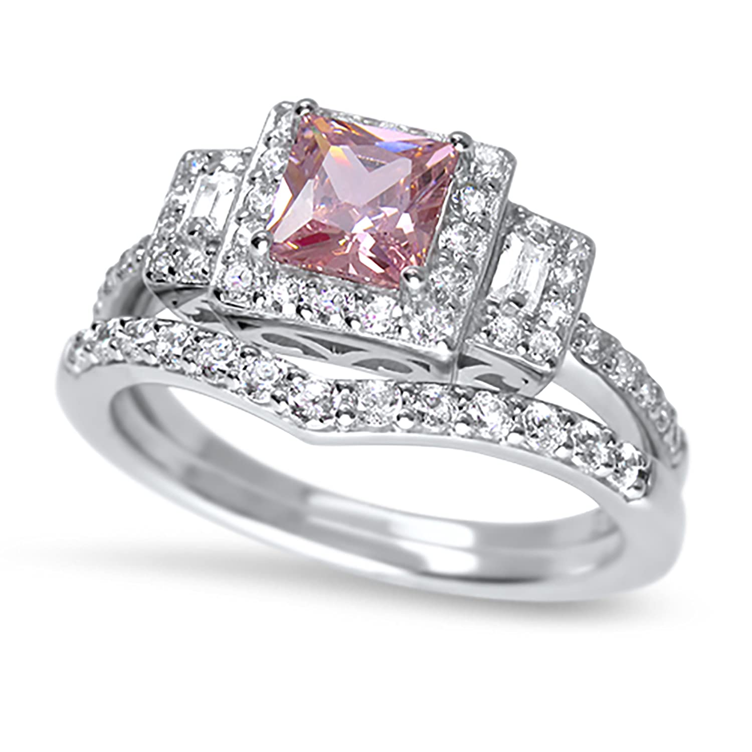 Pink CZ Wedding Ring Set for Women, Simulated Topaz Bridal Engagement Ring Set in Sterling Silver Size 10