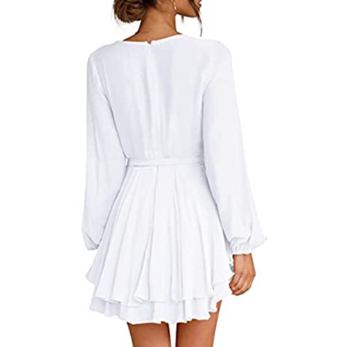 Pinkpaopao Women Deep V-Neck Flowy Dress Self Belt Long Sleeve Layered Swing Dress Solid Color Mini Dress