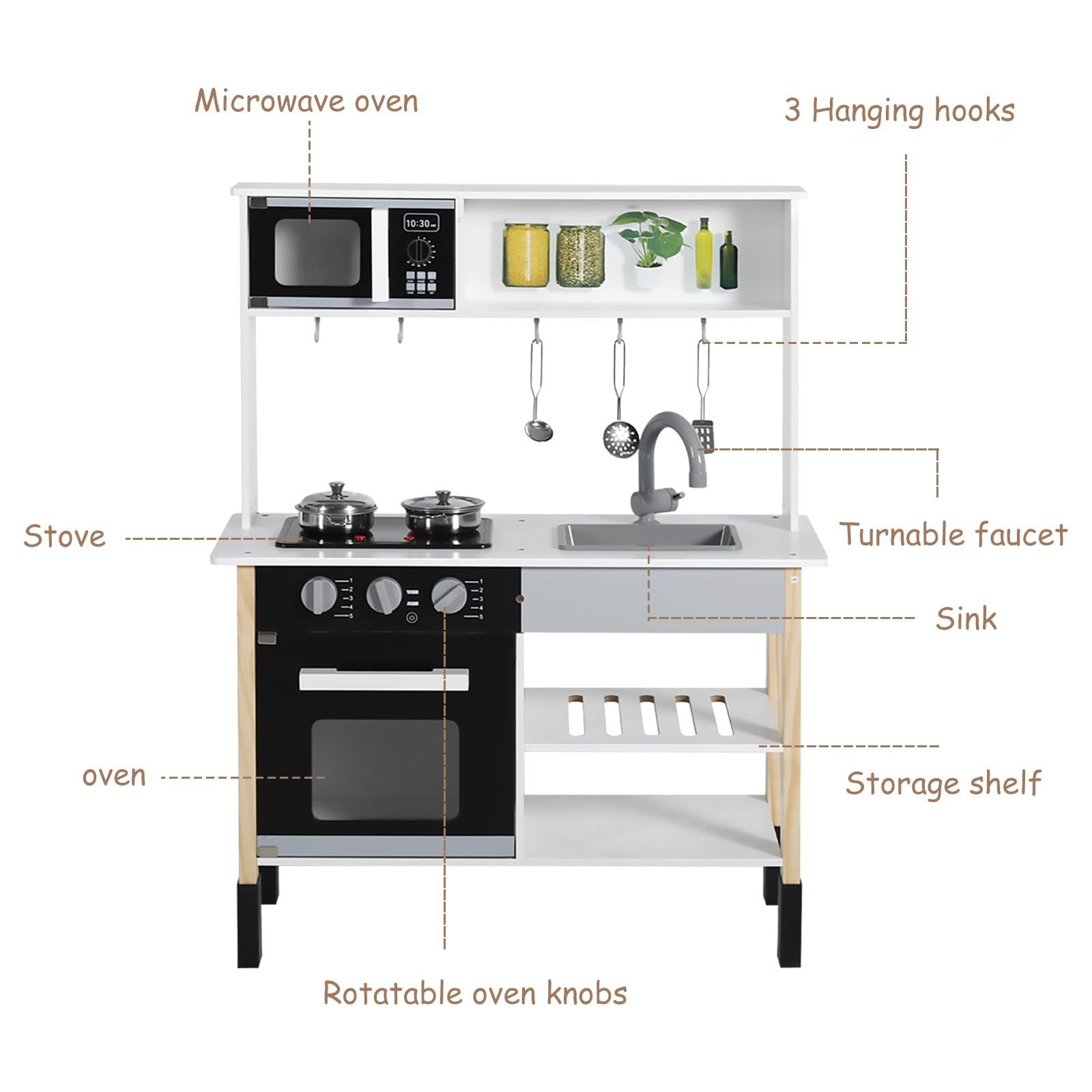 Kinder King Wooden Kids Play Kitchen, Toy Kitchen Playset for Toddler, Pretend Oven with Light & Sound, Interactive Door, Microwave, Knobs, Realistic Kitchen Set for Boys Girls Age 3+, Black