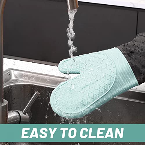 MKLINSIYU Silicone Kitchen Oven Mitts,Heat Resistant 500 Degrees,Oven Mitts Set,Waterproof Flexible Glove and Quilted Liner for Oven Cooking, Grill & BBQ (Mint Green), 12 x 5.7 x 0.75 inches