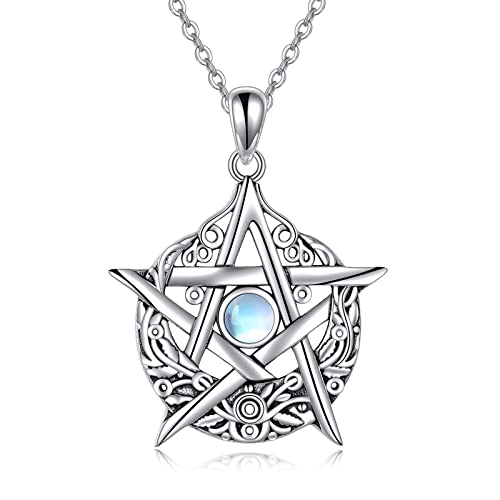 ONEFINITY Lunar Pentagram Silver Pendant With A Moonstone Carved Vines Tiny Leaves Knotwork Silver Crescent Moon Witch Amulet Esoteric Pendant