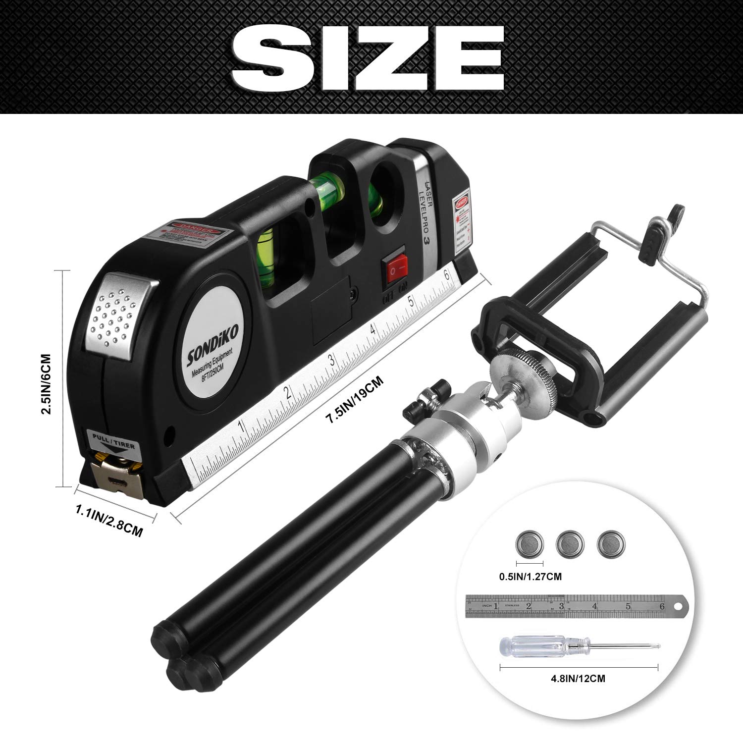 Sondiko Laser Level Tool Kit, Multifunction Laser Leveler for Picture Hanging, Cabinets, Tiles, Measure Tape Standard & Metric Tape Ruler (8ft/2.5M) with Retractable Metal Tripod Stand