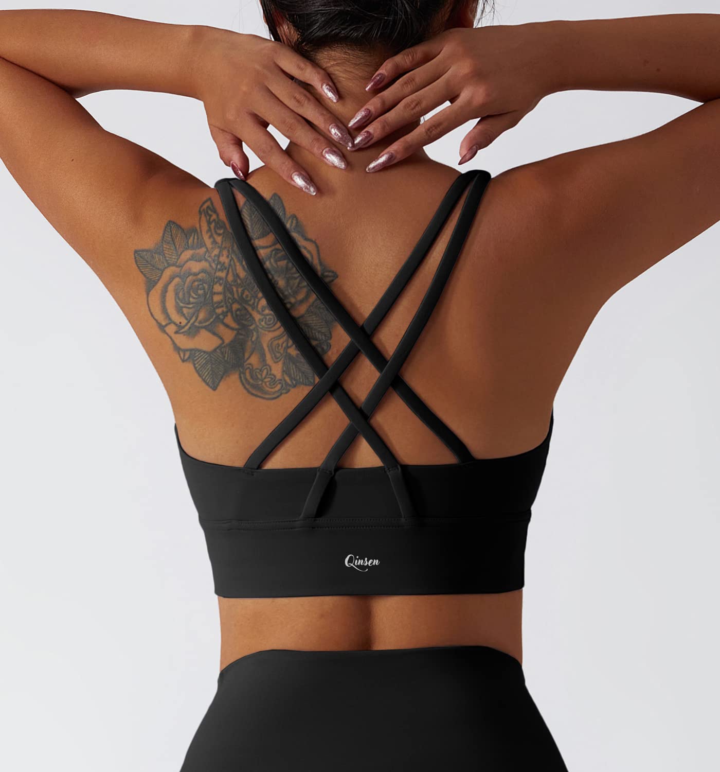 QINSEN Black Sports Bra for Women U Neck Workout Running Supportive Strappy Crop Tops L