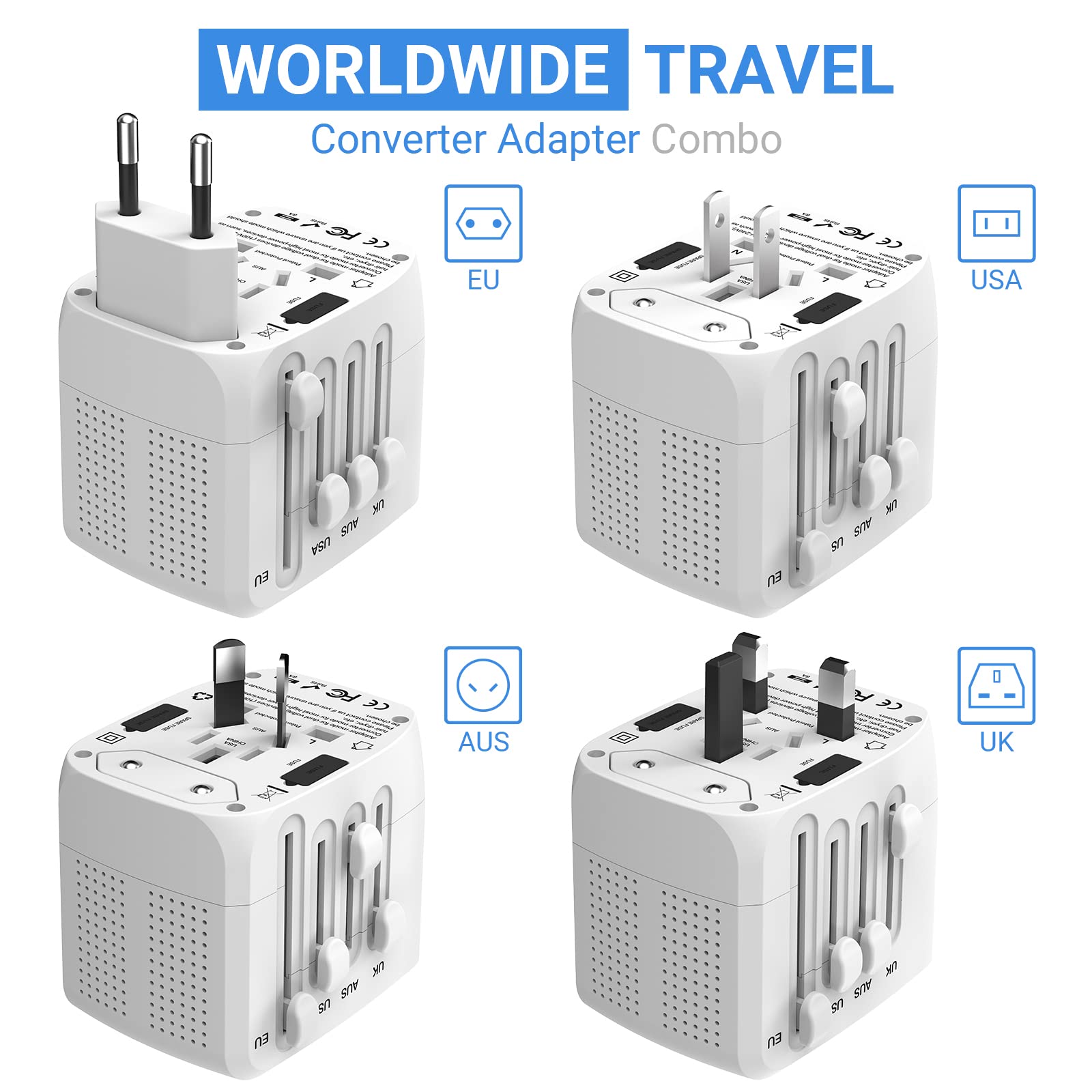 Step Down 220V to 110V Adapter and Voltage Converter Combo + European Travel Plug Adapter with Fast Charger