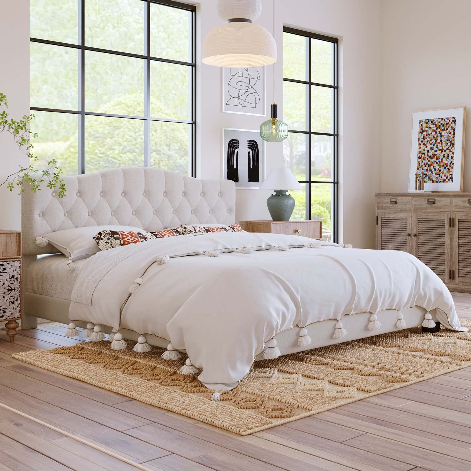 King Size Upholstered Platform Bed Frame with Saddle Curved Headboard and Diamond Tufted Details, Wooden Slats Support, No Box Spring Needed for Boys Girls Teens Adults, Under Bed Storage (King)