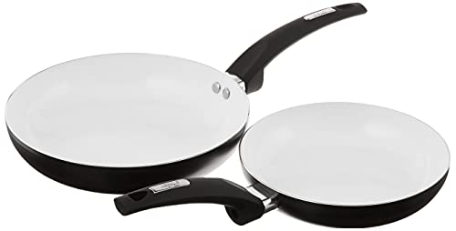 Oster Herstal Aluminum Cookware Set with Ceramic Non-Stick and Soft Touch Bakelite Handle with Tempered Glass Lids, 11-Piece, Black w/White Interior
