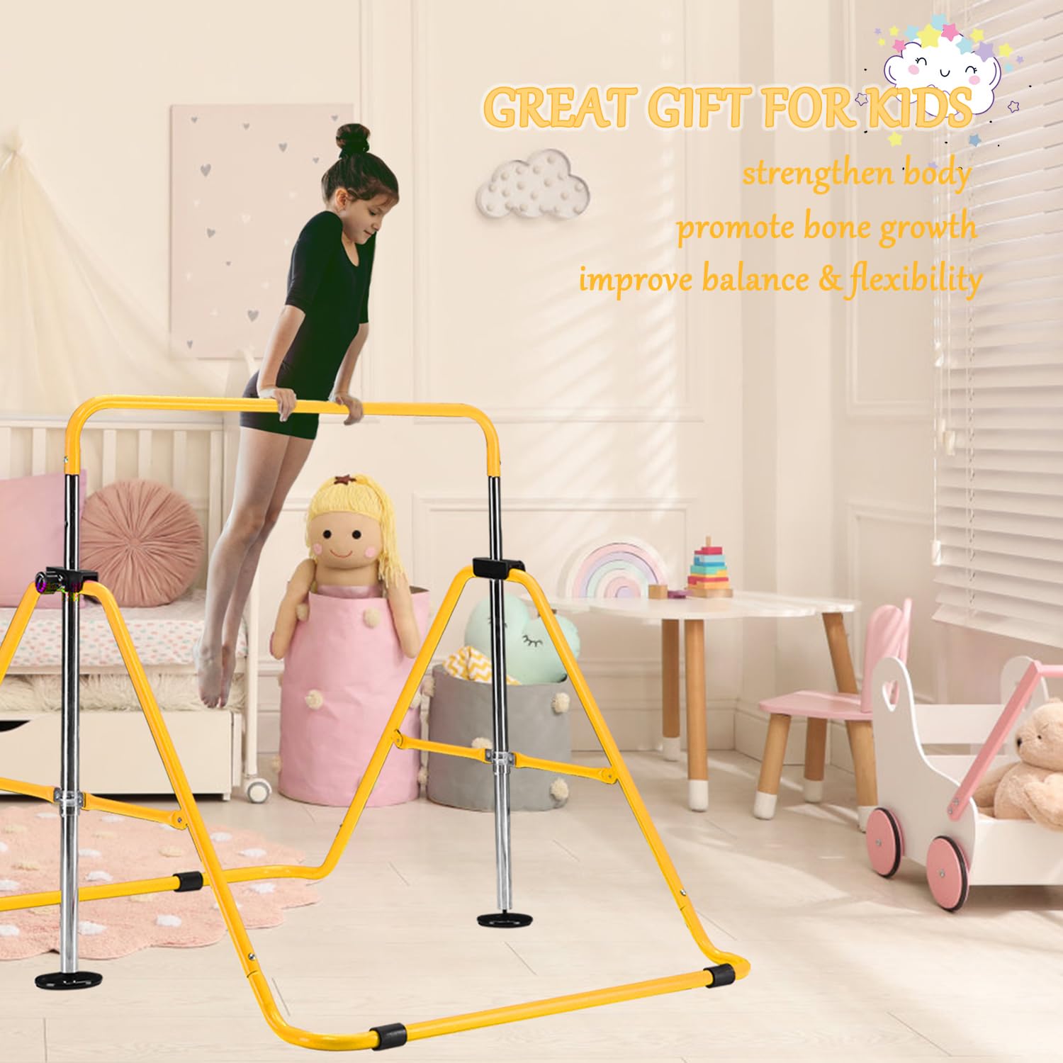 Oneofics Gymnastics Bar, Kids Gymnastic Bar Home Use, Foldable and Height Adjustable Junior Training Horizontal Bars for 3-8 Years Old Child, Girls & Boys