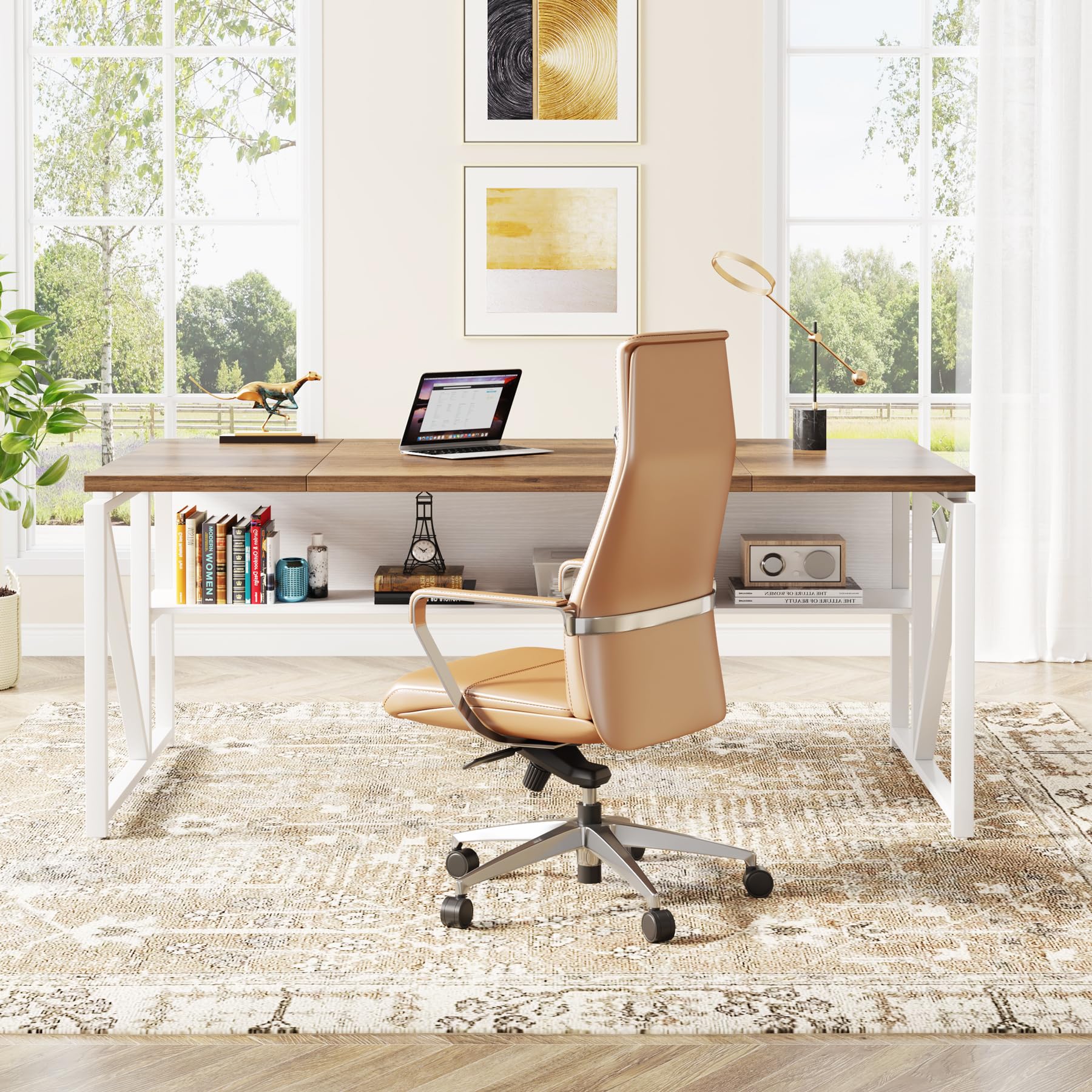 Tribesigns 63 inches Computer Desk with Bottom Storage Shelf Home Office Desk Writing Table for Workstation,Dark Walnut + Steel Leg, Cabinet not Included (Light Walnut, 63-inch-with Shelf)