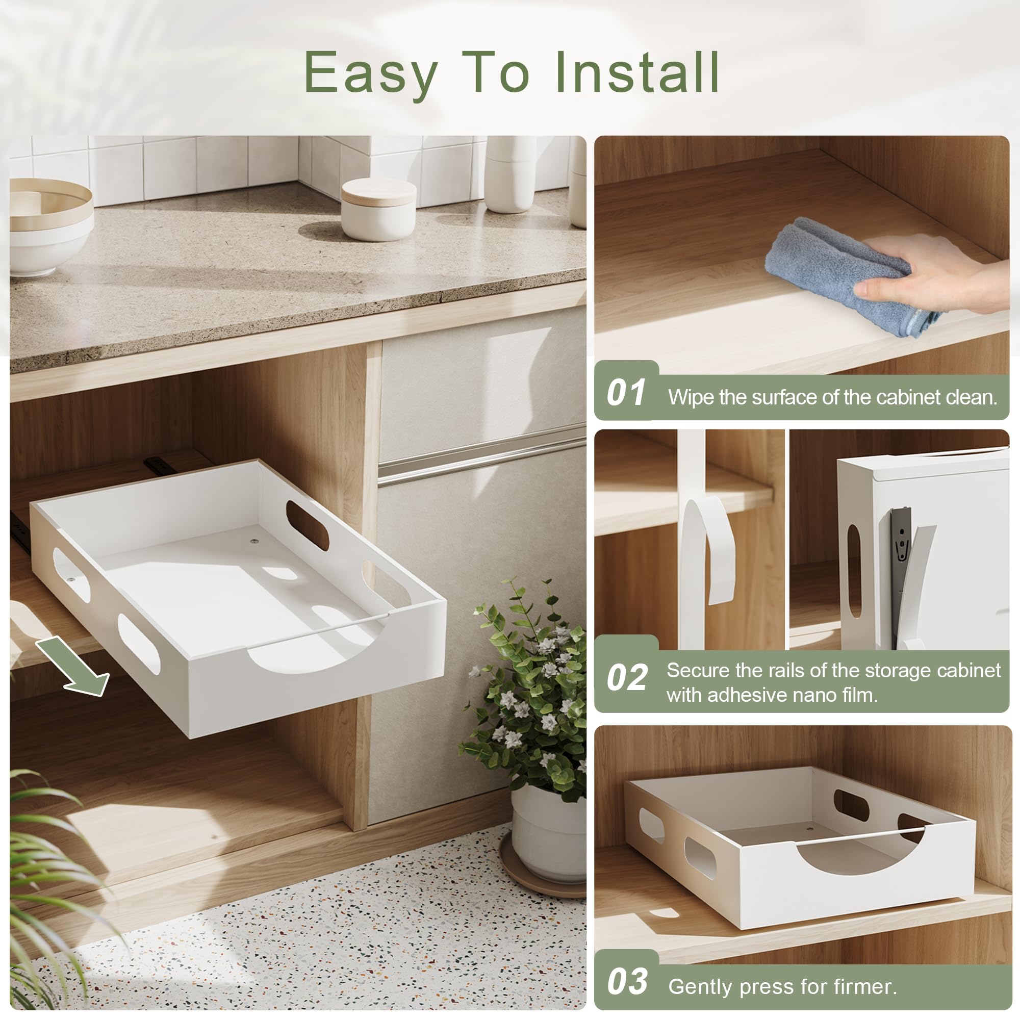 NETEL 2 Packs Pull Out Cabinet Organizer Fixed With Adhesive Nano Film,Heavy Duty Slide Out Pantry Drawers for Kitchen Cabinets, Living Room, Bathroom,15.15" (L) x 10.82"(W) x 3.54"(H), White