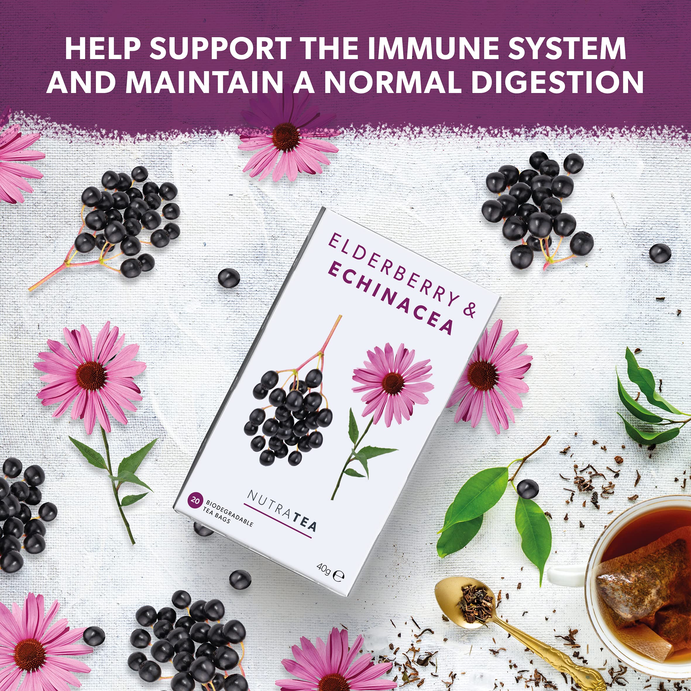 Nutra Tea - Elderberry & Echinacea Tea | Elderberry Tea - Immunity Tea | Immune Tea - 20 Tea Bags - Herbal Tea