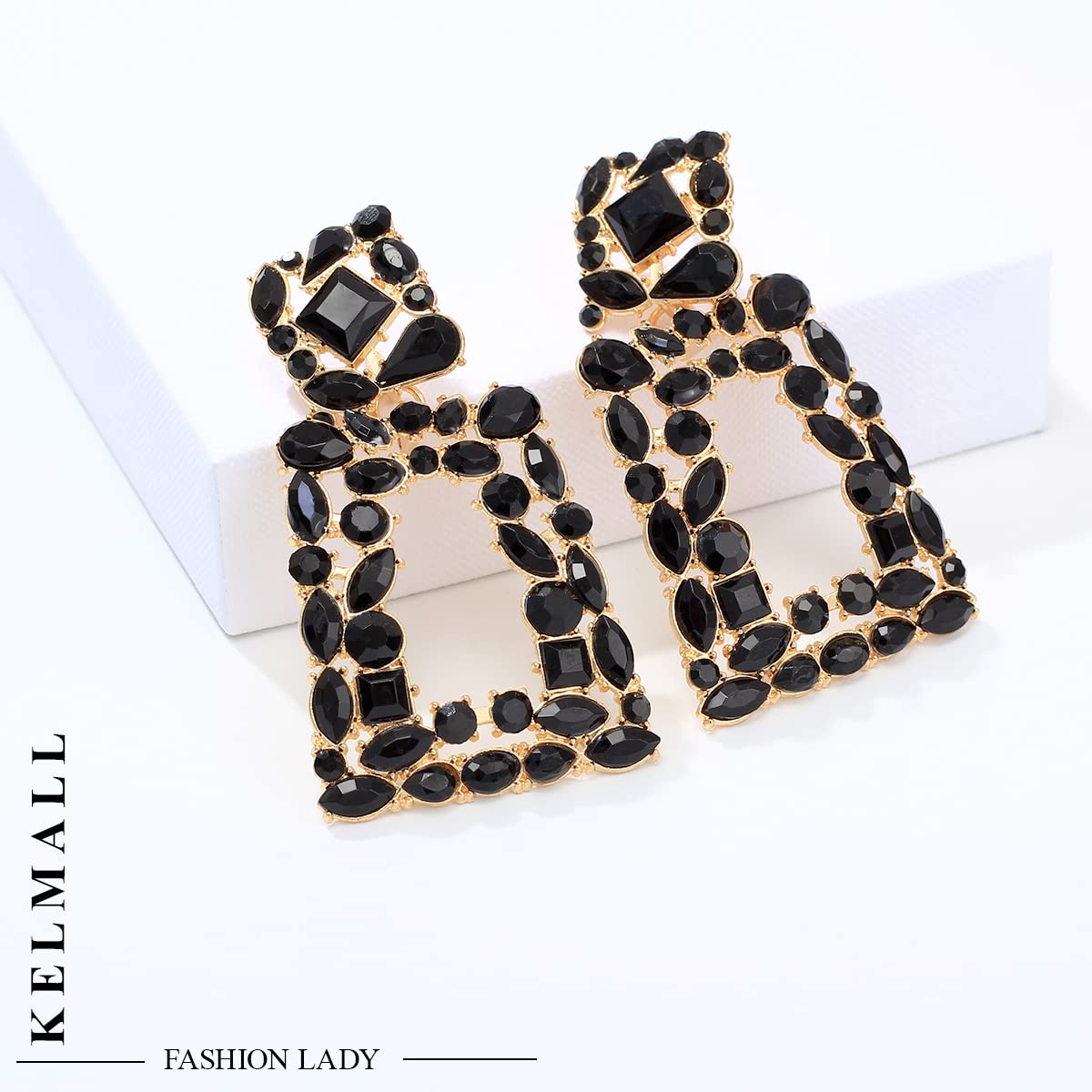 KELMALL Elegant Rhinestone Rectangle Dangle Earrings for Women - Sparkly Crystal Geometric Drop Statement Jewelry