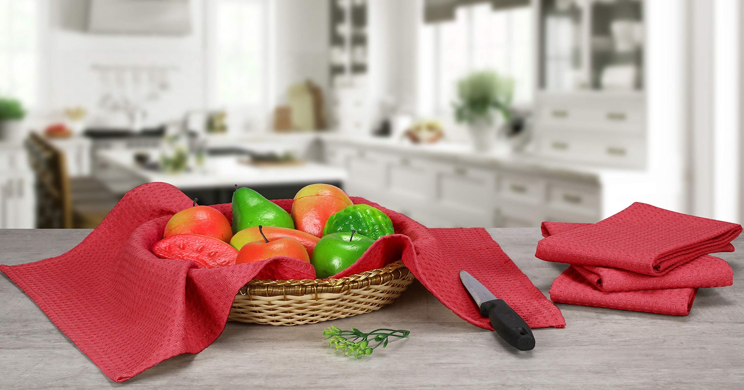 Native Fab Waffle 12 Pack 100% Cotton Kitchen Dish Towels 16x26 Absorbent Durable Washable, Tea Towels, Dish Cloths, Bar Towels, Cleaning Towels, Kitchen Towels with Hanging Loop, Red