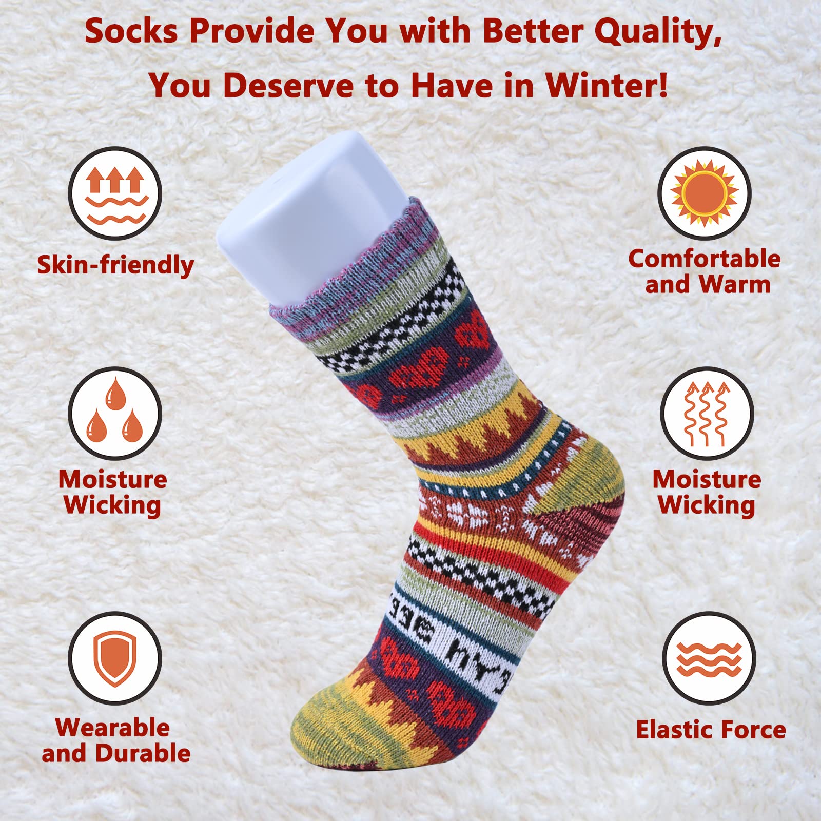 QIYISS 5 Pack Womens Wool Socks Winter - Soft Warm Cold Knit Wool Crew Socks Christmas Gift Socks for Women Vintage Casual Socks