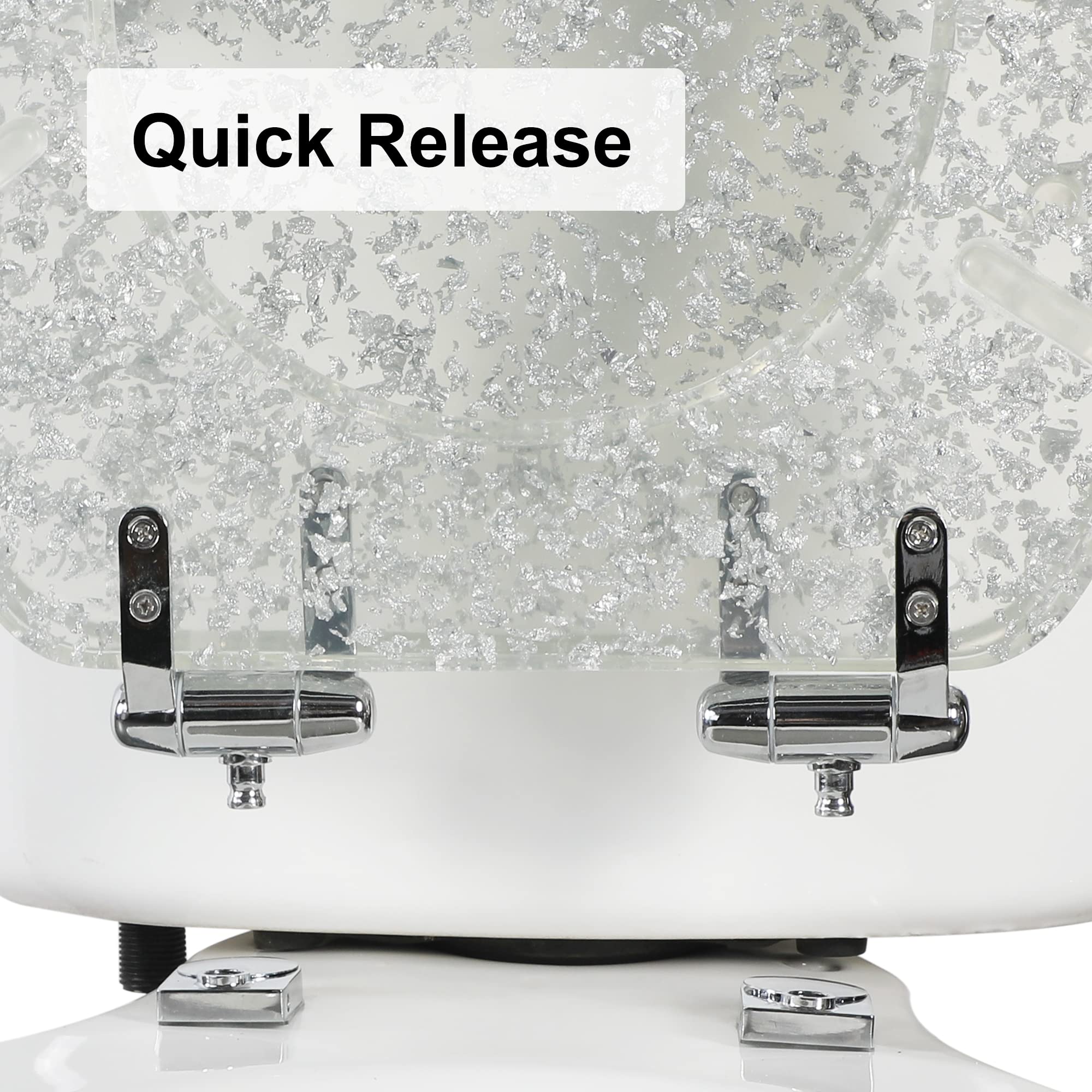 Resin Toilet Seat Elongated Soft Close Quick Release Heavy Duty Toilet Seats with Glitter Cover Acrylic Seats Silver Foil 19 Inch