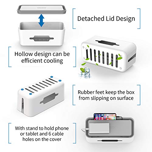 Surge Protector Power Strip with Cable Management Box, 6 Outlets and 2 USB Ports with Switch Control, Flat Plug, 5ft Heavy-Duty Extension Cord, Cord Organizer Box for Home and Office - White