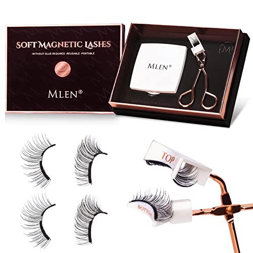 MLEN Dual Magnetic Eyelashes Natural Look Magnetic Eyelashes Without Eyeliner Soft Magnets False Eyelashes No Glue or Eyeliner Needed with Applicator Reusable 3D Fake Lashes Extension with Tweezers