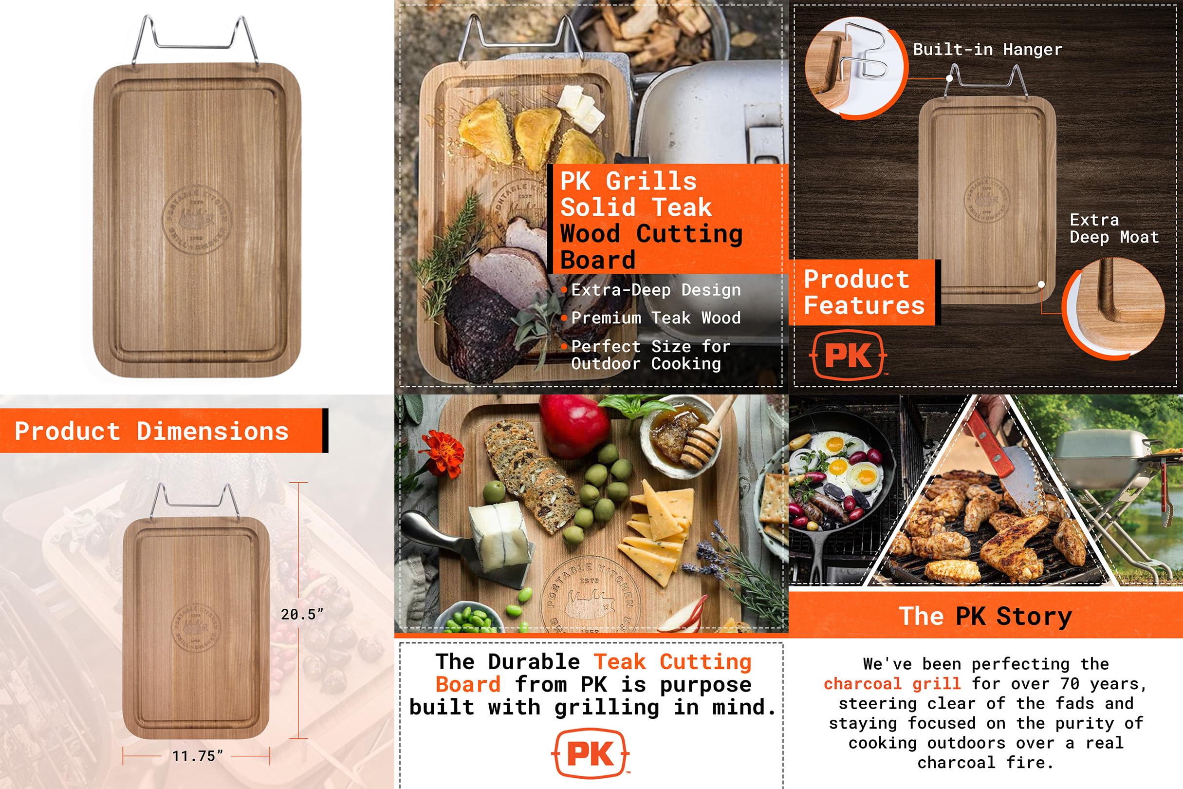 PK Grills Solid Teak Wood Cutting Board for Kitchen, Outdoor, Meat, BBQ, Food, Wooden Chopping Block with Stainless Steel Hanger, PKUA-CB-TW-X