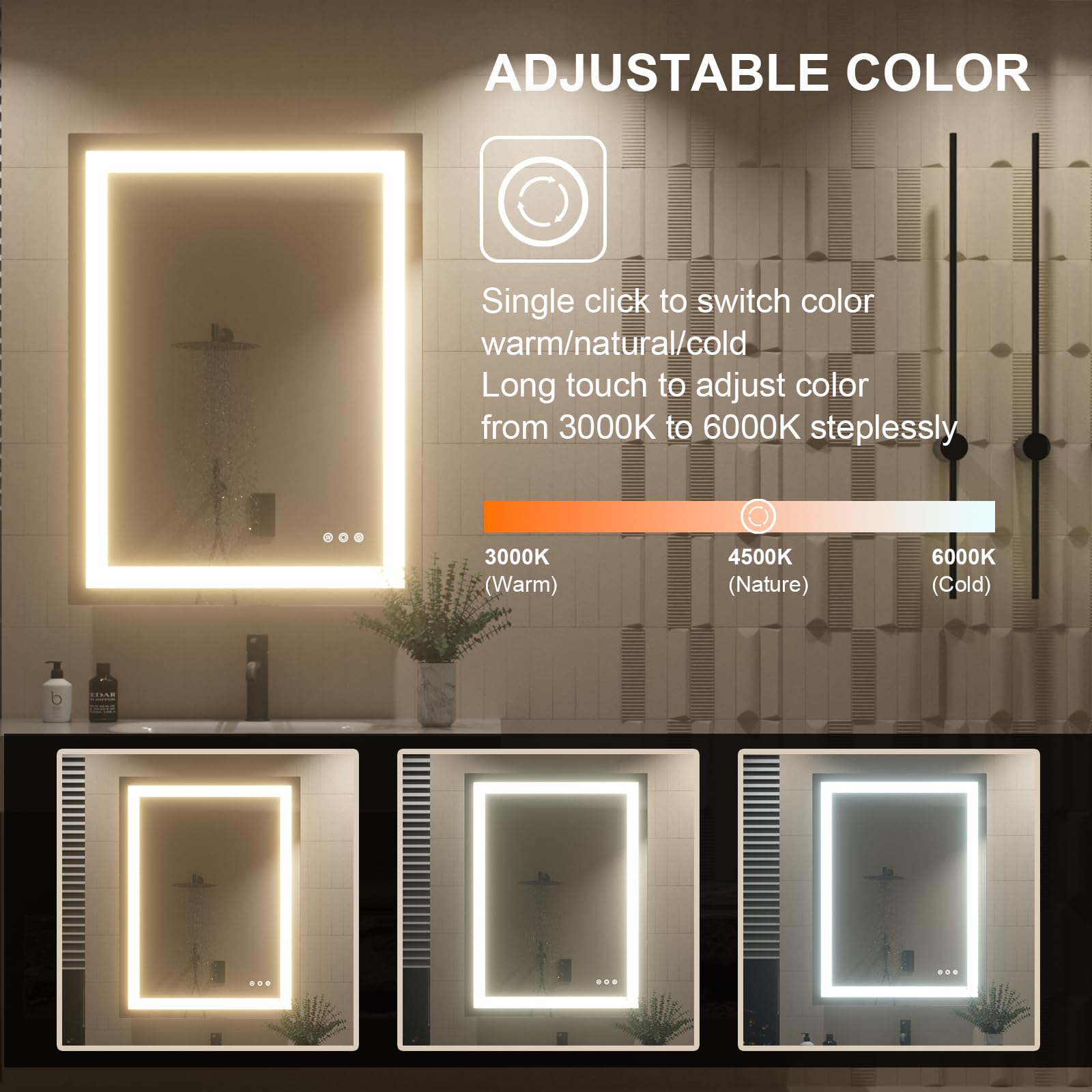 Modlicht 36" x24β LED Bathroom Mirror, Dimmable LED Mirror for Bathroom, Adjustable Warm/Natural/Cold Light, Memory Function, IP54, Lighted Bathroom Mirror with Smart Touch Button, Home Decor