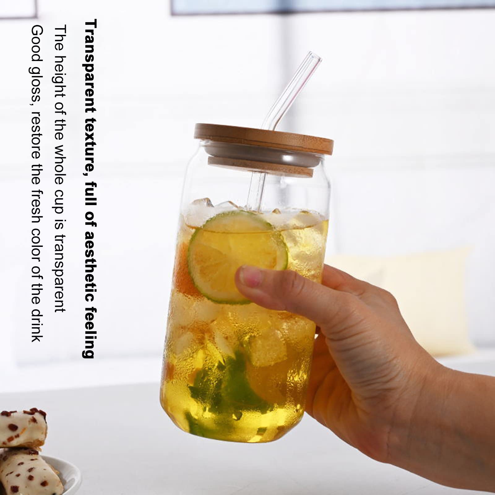 Ochine Drinking Glasses with Bamboo Lids and Glass Straw, Beer Can Glass Cup Iced Coffee Drinking Jars Tumbler Cup Reusable Old Fashioned Glasses Cup for Cocktail, Whiskey, Smoothies, Tea, Juice, etc