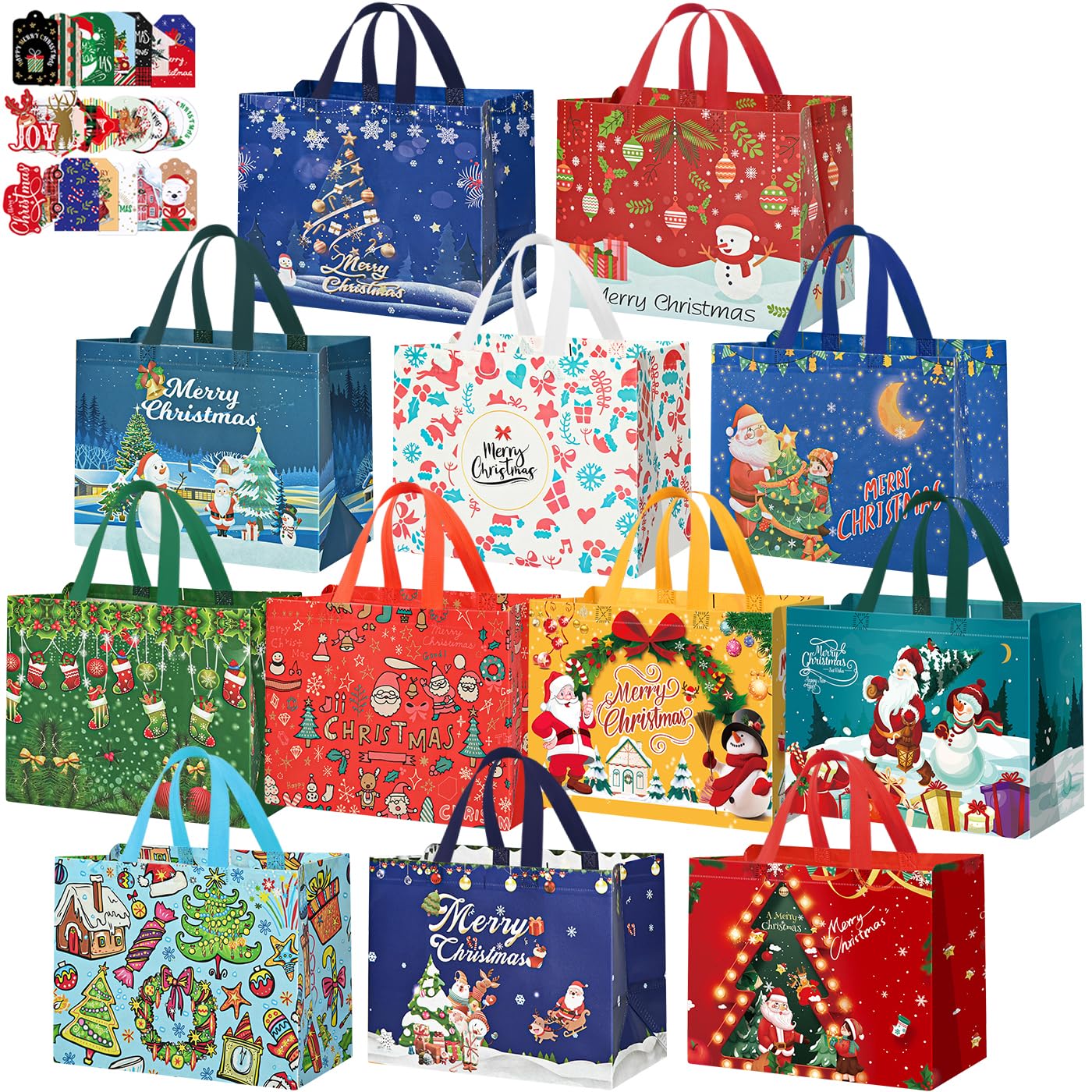 WLUSEAXI 12 Pack Large Christmas Gift Bags with 24 Christmas Gift Tags,Reusable Christmas Tote Bags with Handles,12.6"x9.8"x6.7" Christmas Bags for Gifts Wrapping for Xmas Holiday Party Favor