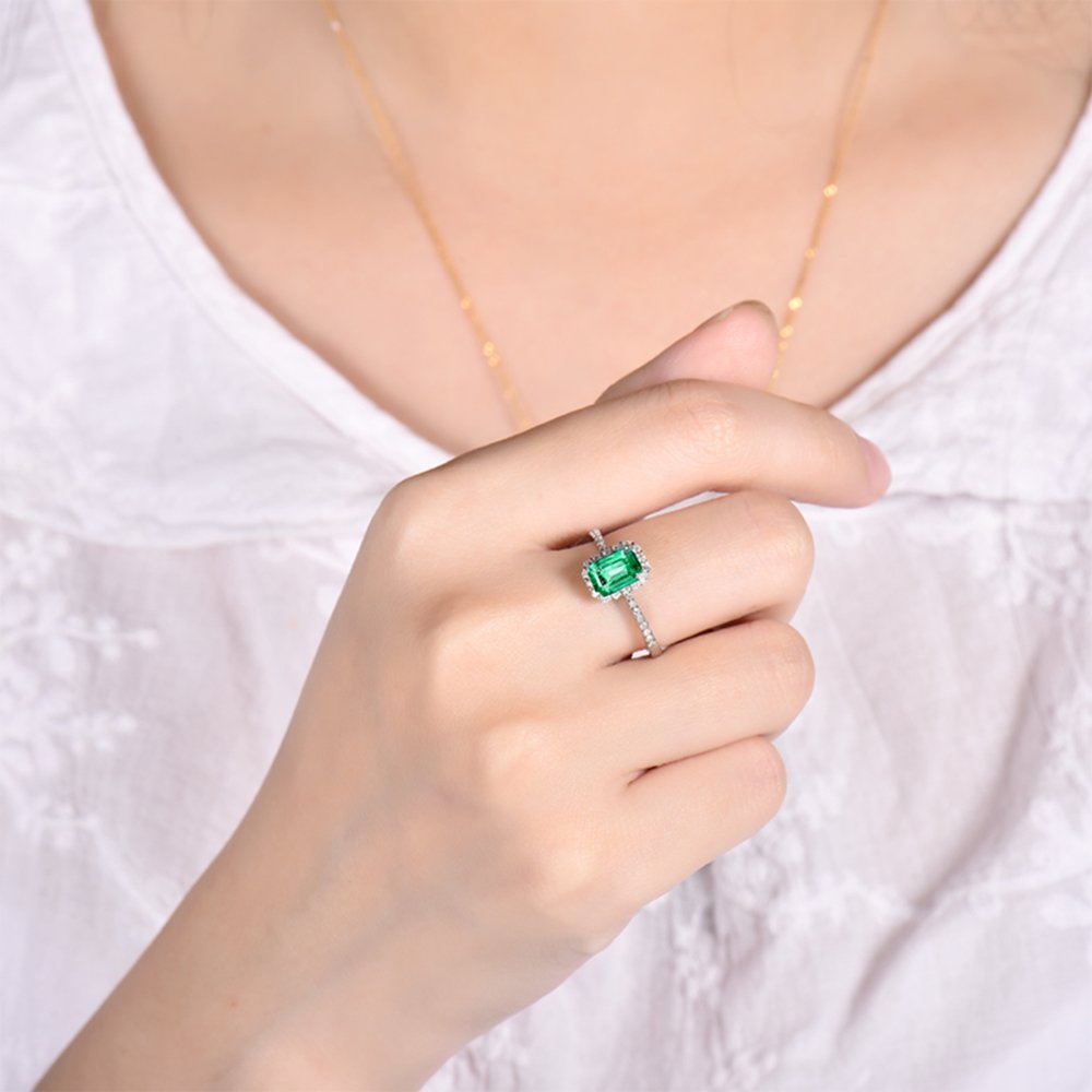 Lanmi 14K White Gold Natural Green Emerald Engagement Solitaire Rings Diamonds Wedding Band for Women Promotion