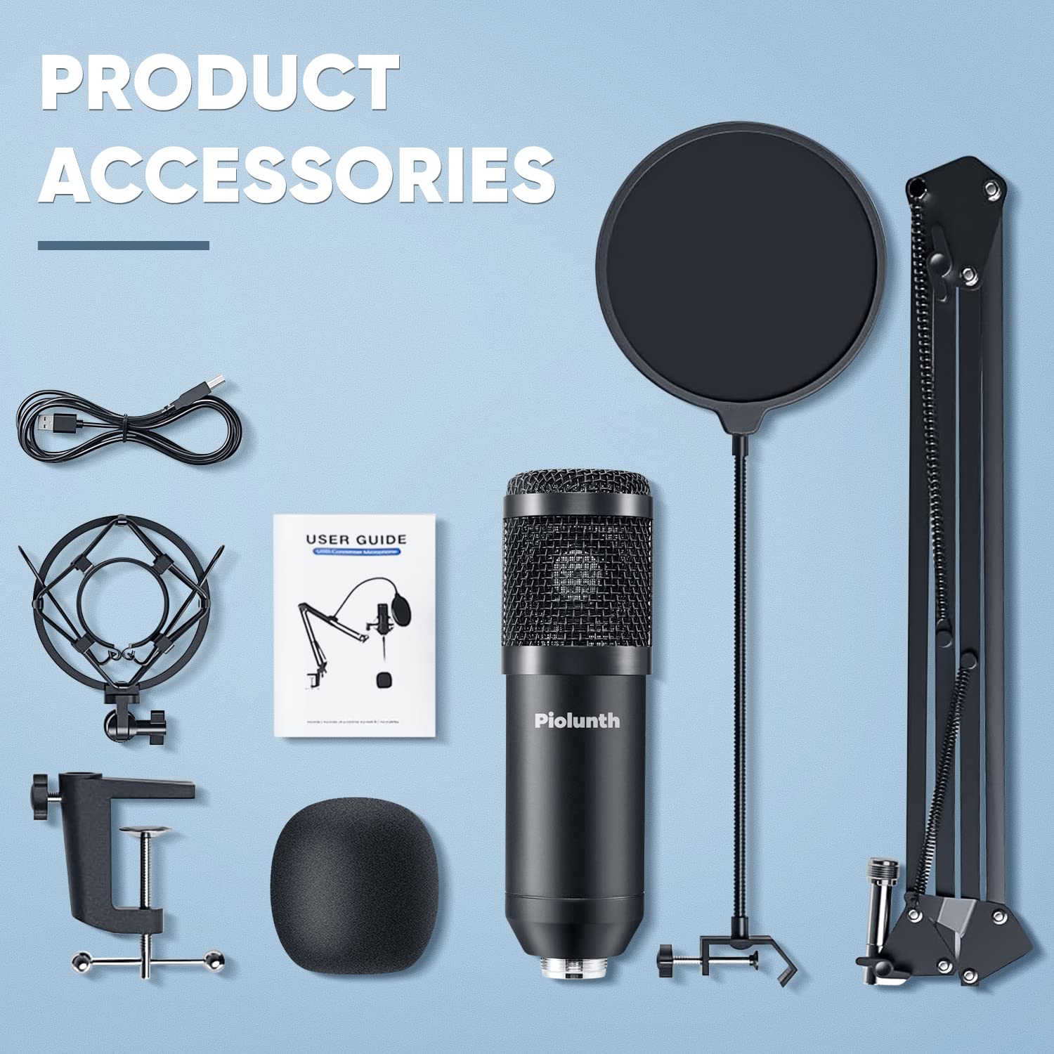 piolunth USB Microphone, Plug & Play 192kHz/24bit Cardioid Condenser Studio Mic Kit with Professional Sound Chipset Mount Pop Filte and Boom Arm for Recording, Gaming, Streaming, Skype, Podcast