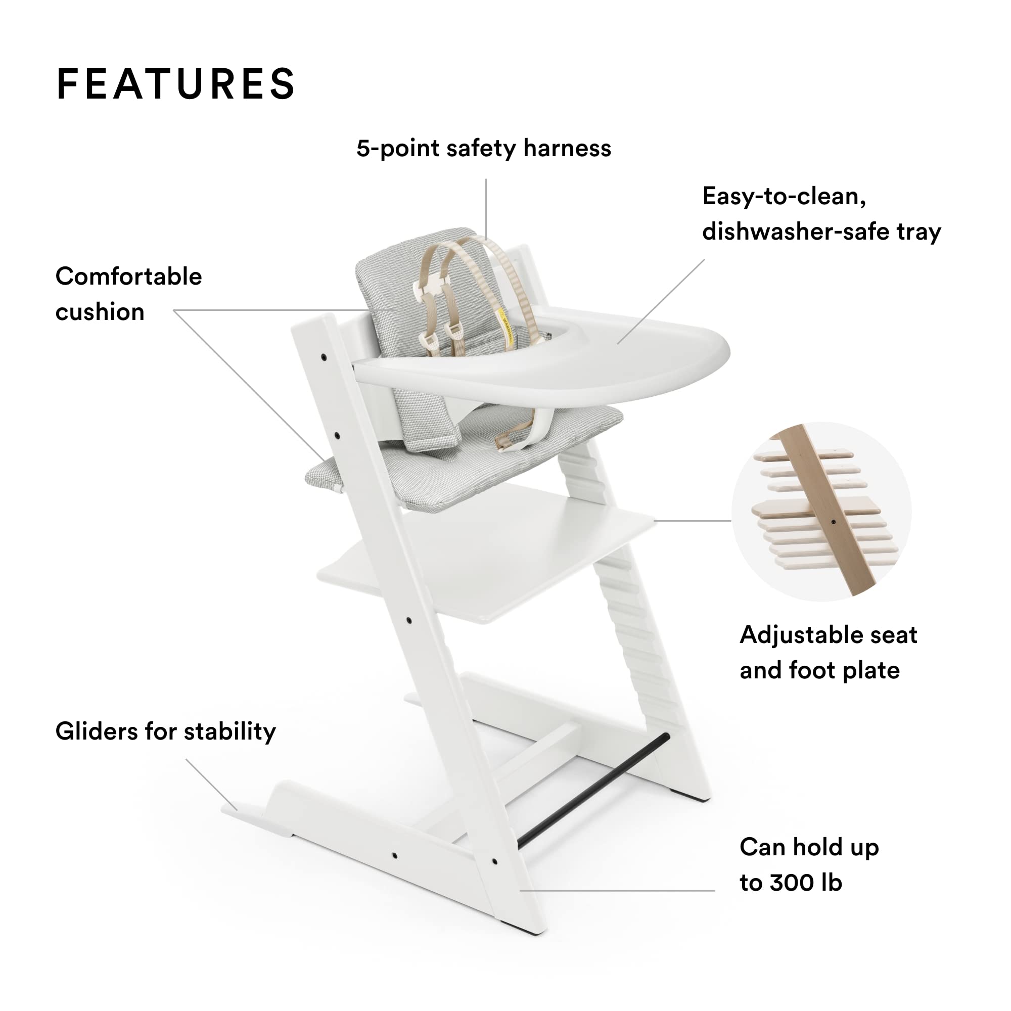 Tripp Trapp High Chair and Cushion with Stokke Tray - White with Nordic Grey - Adjustable, Convertible, All-in-One High Chair for Babies & Toddlers