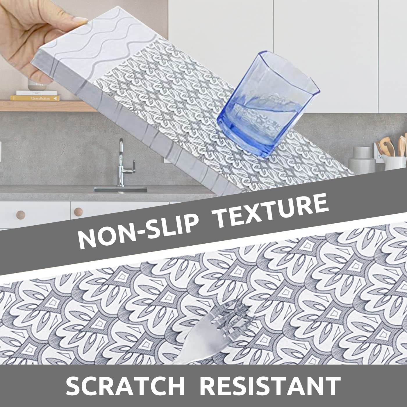 Modmate Shelf Liner,Grip Kitchen Drawer Liners, 18 Inch x 24 FT Design Cabinet Liners for Shelves, Easy to Install Non Adhesive Bathroom Drawer Liner,Non Slip Pantry Shelf Liners (Grey Floral)