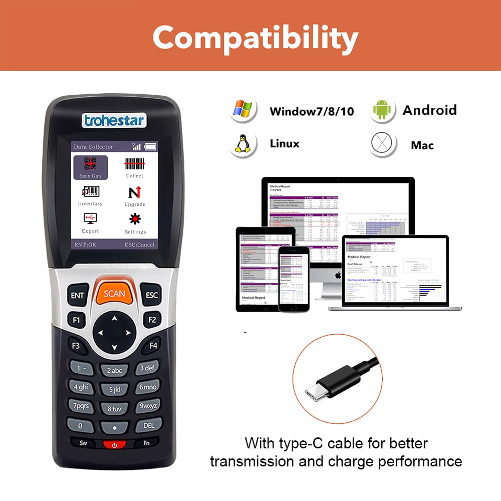 Trohestar Wireless Barcode Scanner - Handheld Inventory Scanner Data Collector with 2.4GHz RF Transceiver for Warehouse & Bookstore Management New N4 Interface Grey