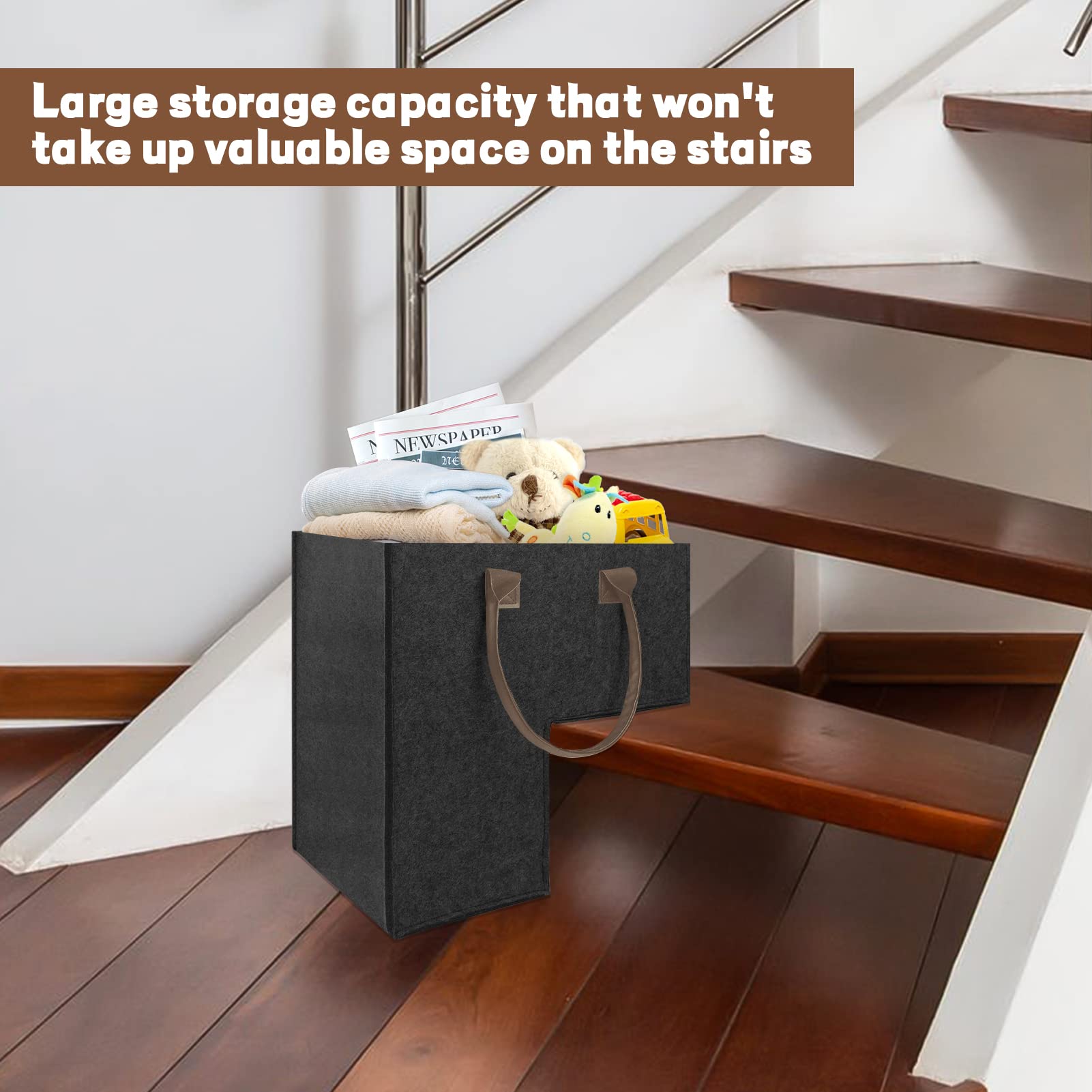 MODOWEY 2Pcs L-Shape Stair Basket Organizer, Foldable Fabric Staircase Storage Organizer with Faux Leather Handles, Large Stair Storage Organizer for Laundry, Toys, Household Items