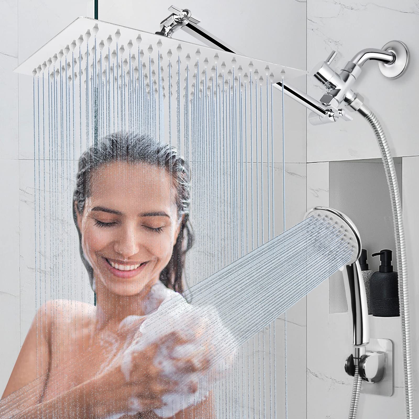 Shower Head Combo with 11'' Extension Arm,High Pressure Rain Shower Head with Handheld Shower Spray and Holder/ 1.5M Hose,Dual Rainfall Showerhead Set,Chrome (10 Inch)