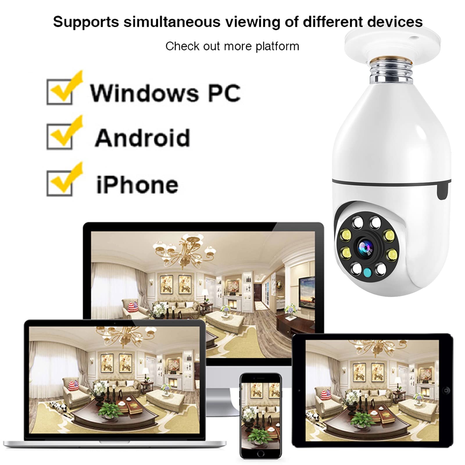 Light Bulb Camera, 360° Panoramic IP Camera, 2MP HD Picture Quality, Adjustable Vertical 90°Horizontal 355°, with Night Vision,Alarm Function,Motion Detection Tracking,Two Way Talk,Alexa Compatible