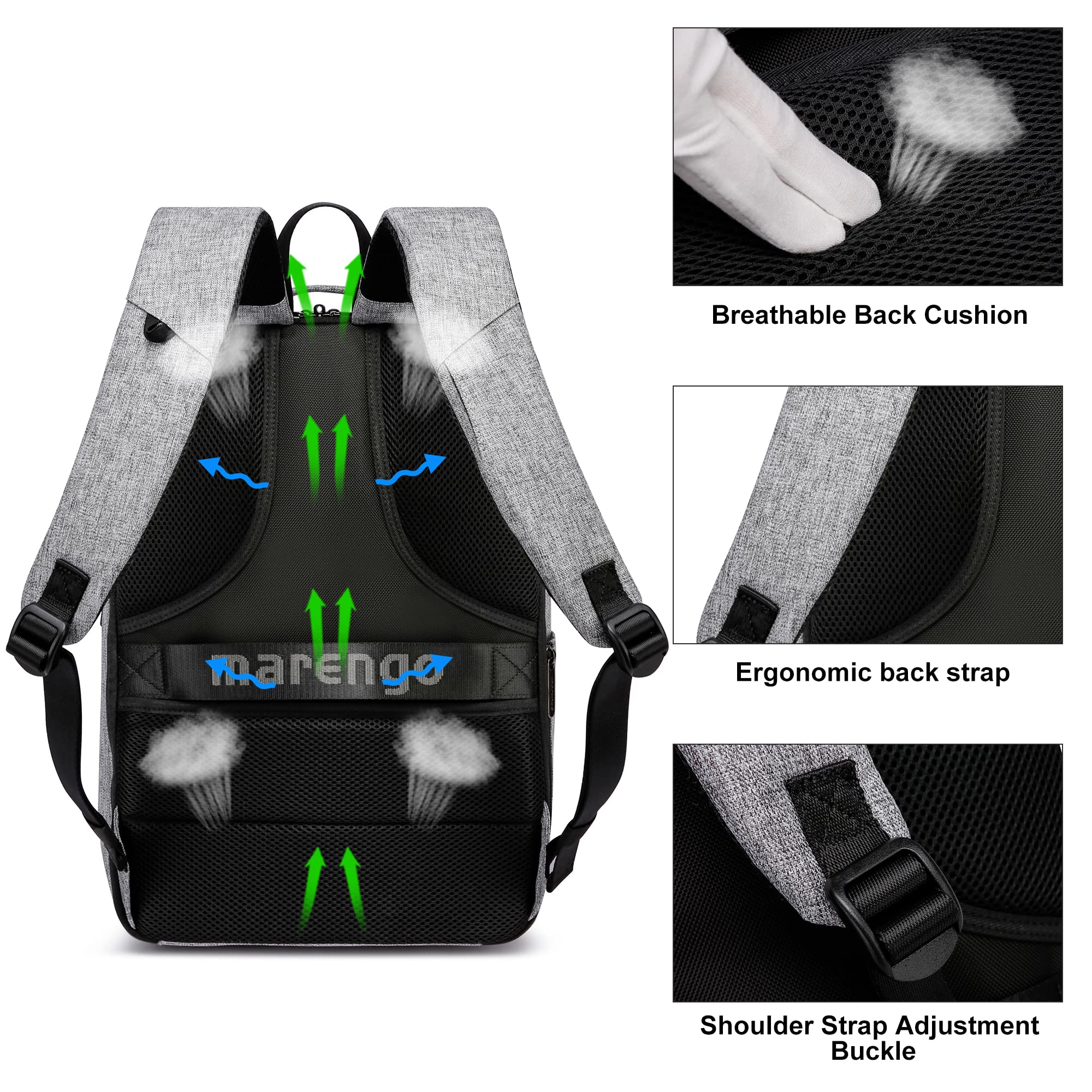 Marengo Smart Safe Business Travel Backpack with USB Charger Ebags for Men Women Office Work Mochilas Para Waterproof, Anti-Theft, Airline Approved, Fits 15.6" Laptops,Multi Compartment Backpack,Gray