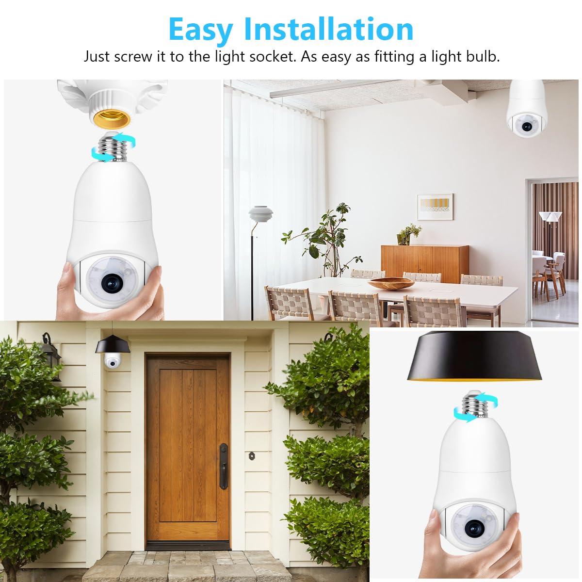 Light Bulb Security Camera, 2K 360° Pan Tilt WiFi Security Camera Indoor Wireless Outdoor Color Night Vision 24/7 Motion Tracking Detect Pet Dog Cam 2-way Talk SD/Cloud Storage Home Security Outside
