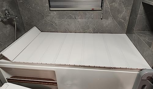MOGUOBIN Shutter Bath Lid,1.2cm Thickness White Wood Grain PVC Bathtub Tray,Bath Insulation Cover,Foldable Anti-dust Bathtub Cover Bath Insulation Cover,Can Store Wine Glass,Tablets,Books,Cellphones