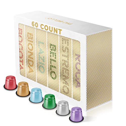 Piu Bello Coffee Pods Variety Pack - Nespresso Machine (Original) Compatible Capsules - Light Roast, Dark Roast, Chocolate, Nuts, Caramel - Rich & Balanced Taste, Kosher (6 Flavor Multipack 60 Count)