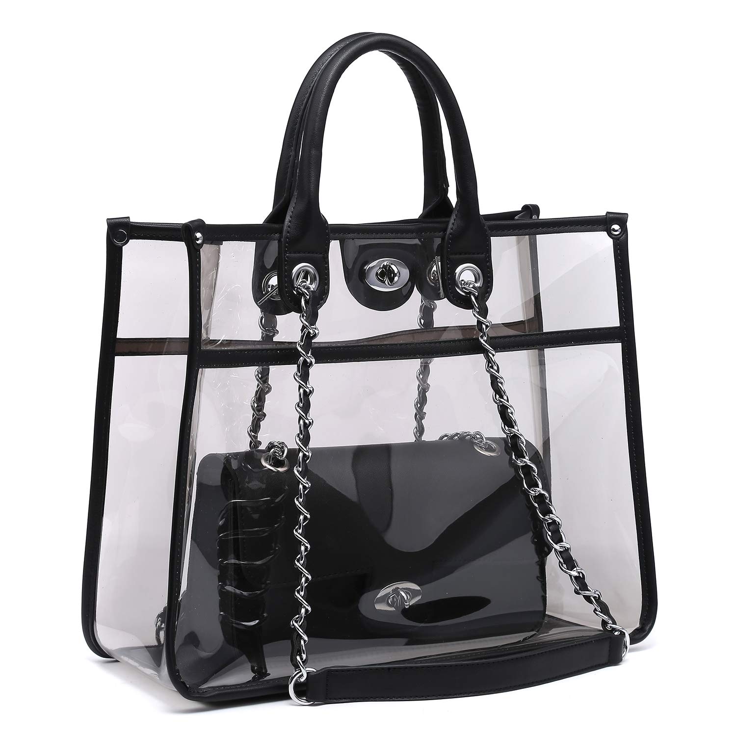 Large Clear Tote Bag PVC Top Handle Shoulder Bag 2 Pieces Set With Turn Lock Closure (Black)