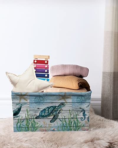 Storage Cubes Organizer with Handles, Aminal Sea Turtle Sea Horse Octopus Whale Storage Bins Collapsible Storage Baskets for Shelf Closet Nursery Cloth Organizers Box Ocean Underwater World Theme 1pcs