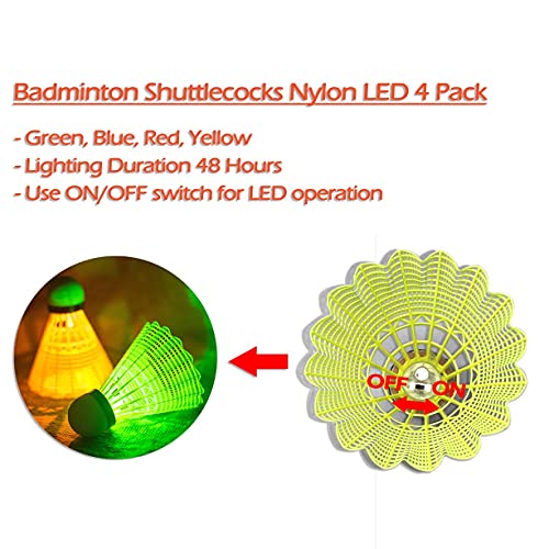 Ksports LED Badminton Shuttlecocks 4 Pack Tube − Glow in The Dark Lighting Birdies Shuttlecocks − with 4 Different LED Colors − Red Green Blue Yellow