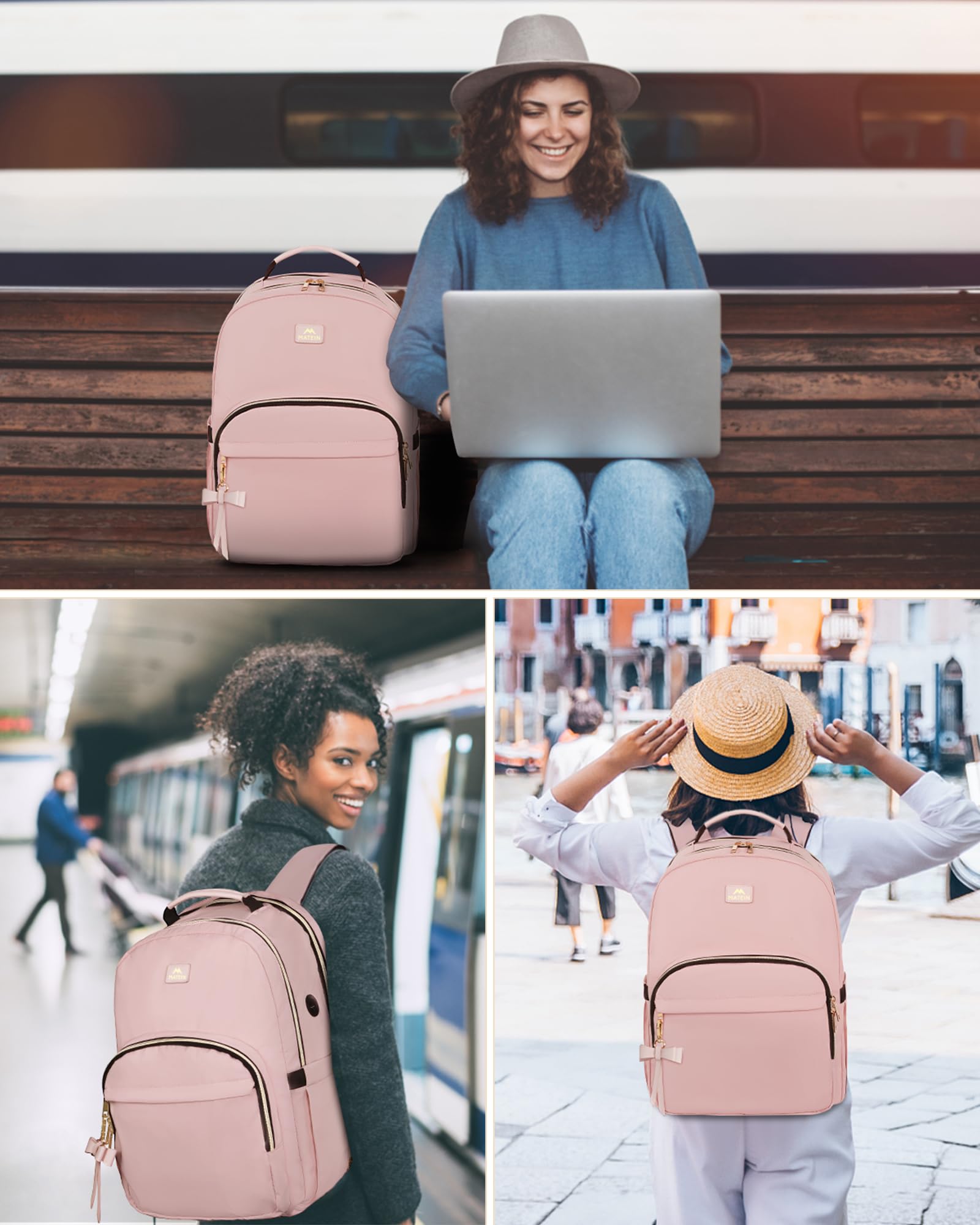 MATEIN 17 Inch Laptop Backpack for Women, Pink Travel Backpack Personal Item Size TSA Airline Approved with Luggage Strap & USB Charging Port, Water Resistant Extra Large Computer Bag for Nurse Work