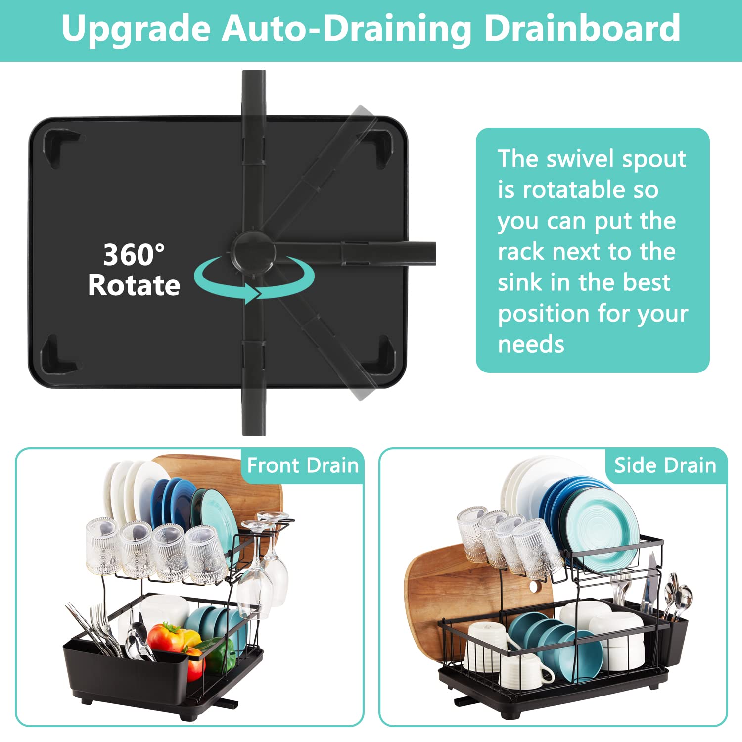 Naturous Large Dish Drying Rack Drainboard Set, Stainless Steel 2 Tier Dish Racks for Kitchen Counter, Detachable Dish Drainer with Utensils Holder, Cutting Board Holder,Cup Holders