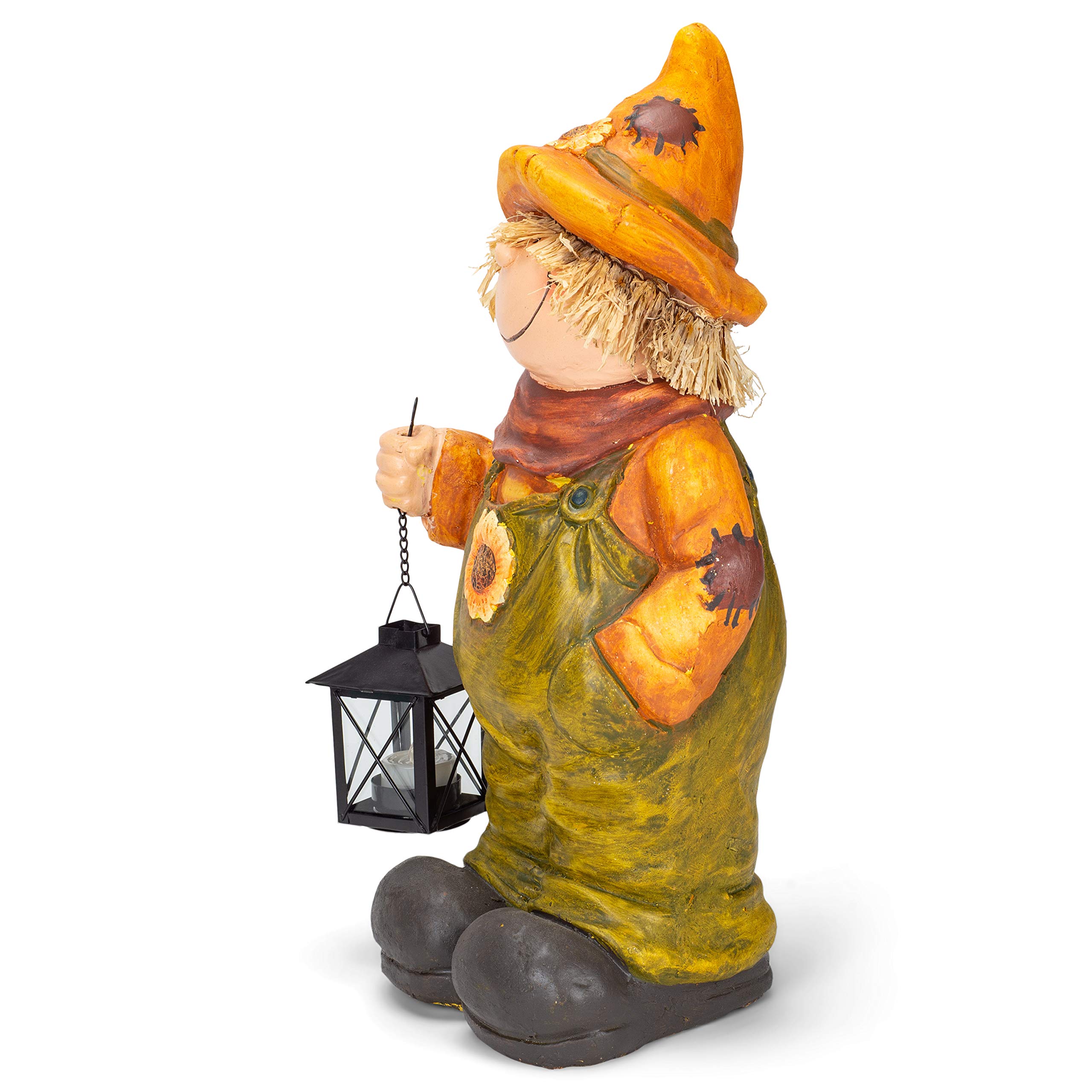 Mark Feldstein & Associates Scarecrow Holding Lantern Natural Brown 17 inch Resin Stone Harvest Door Greeter Figurine