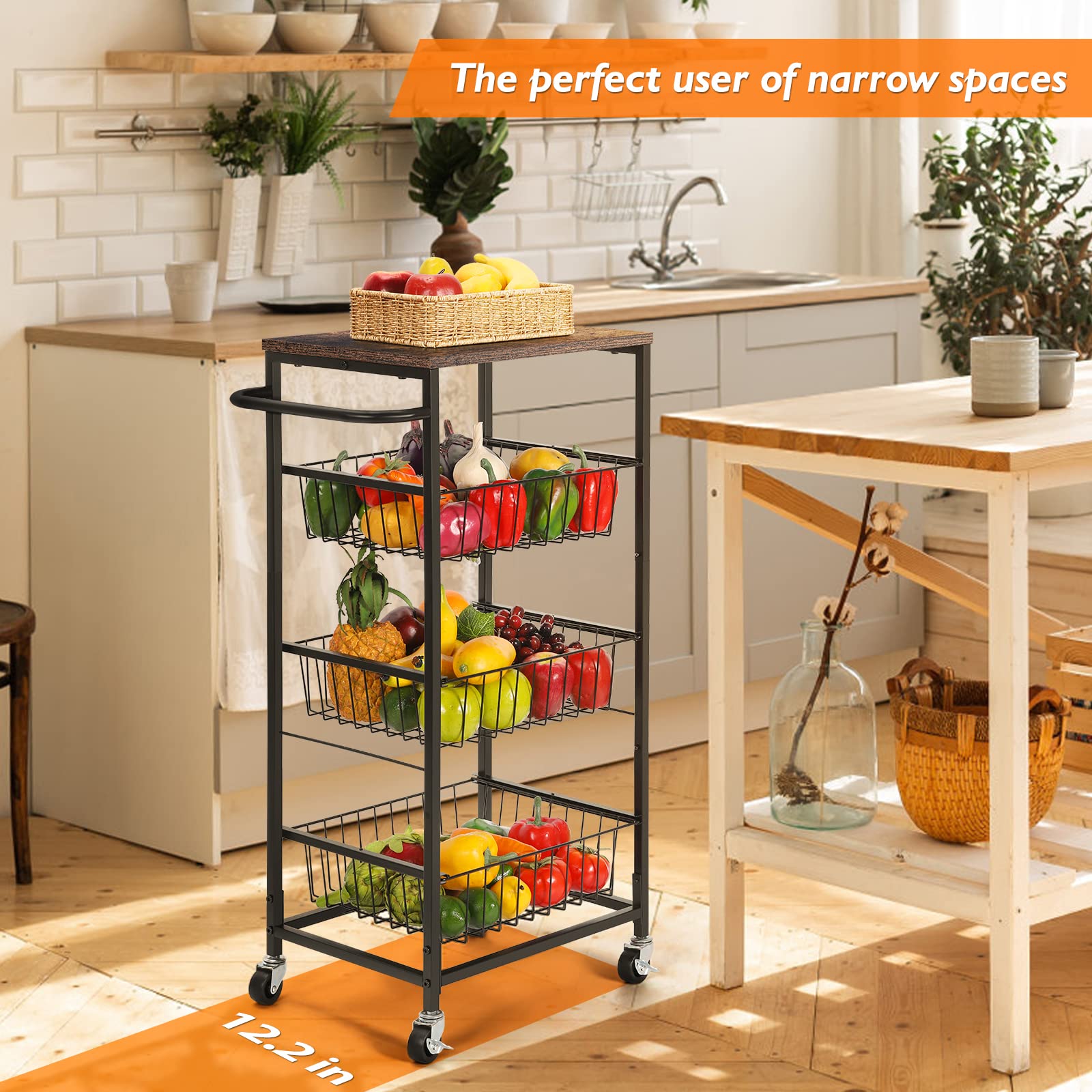 Kitchen Carts on Wheels, Rolling Storage Carts 4 Tier, Utility Service Cart Fruit Storage Baskets Rack for Potato Snack Industrial Island Food Trolley with Handle for Kitchen Bathroom Laundry