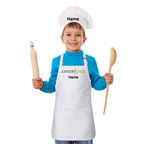 PLACE4PRINT Personalized Junior Chef Kids Set Apron with Hat β Custom Customized Kitchen Apron for Cooking Backing Grill Grilling BBQ - Any Name Design β Great Masterchef Gift
