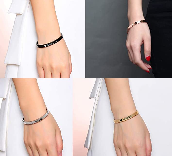 Personalized Bracelets for Women,Motivational Mantra Quote Stainless Steel Engraved Best Friend Sister Gift Double Side Engraved Black 3 pack