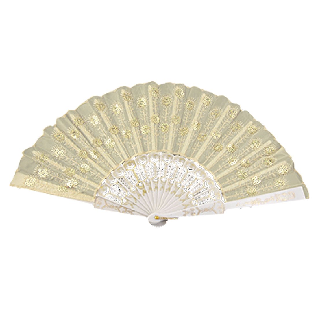 Qtqgoitem Sequin Detailing Flower Fabric Cloth Chinese Folding Hand Fan Beige (model: b21 fec b4a e65 d29)