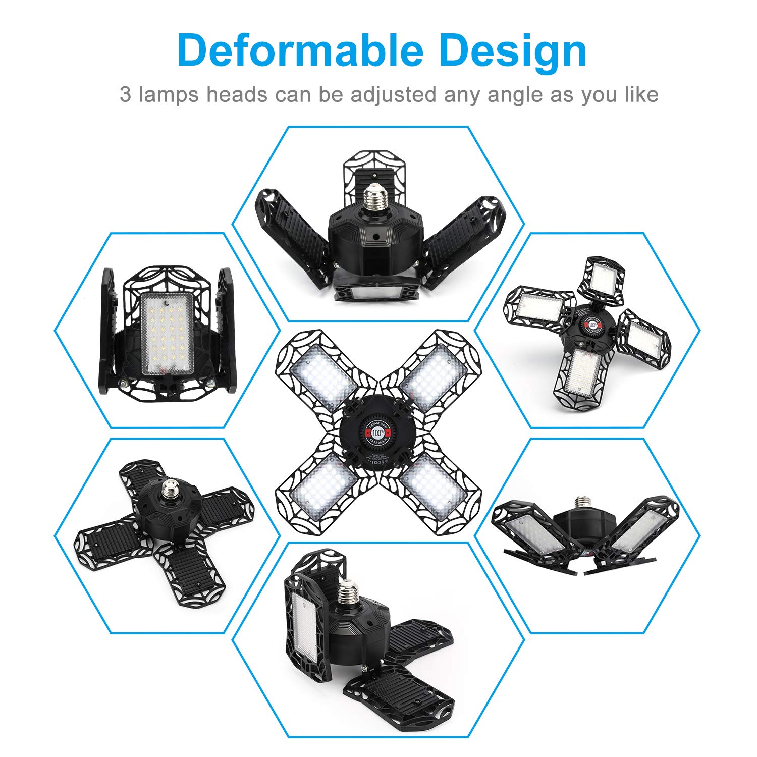 LED Garage Light 120W Super Bright Garage Ceiling Lights with 4 Adjustable Panels, E26 12000lm LED Ceiling Light Deformable Garage Led Light for Garage, Warehouse, Workshop, Basement, Gym