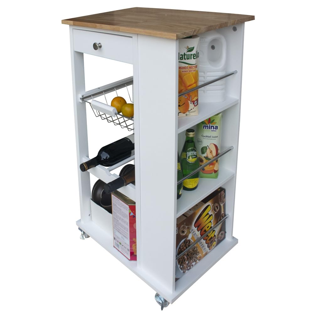 Kitchen Island Cart with Wood Top, Mobile Carts with Storage Shelf, Rolling Kitchen Table with Spice Rack, Service Cart Bar Table with Wine Rack, Small Basket and Drawer, Portable Islands on Wheels